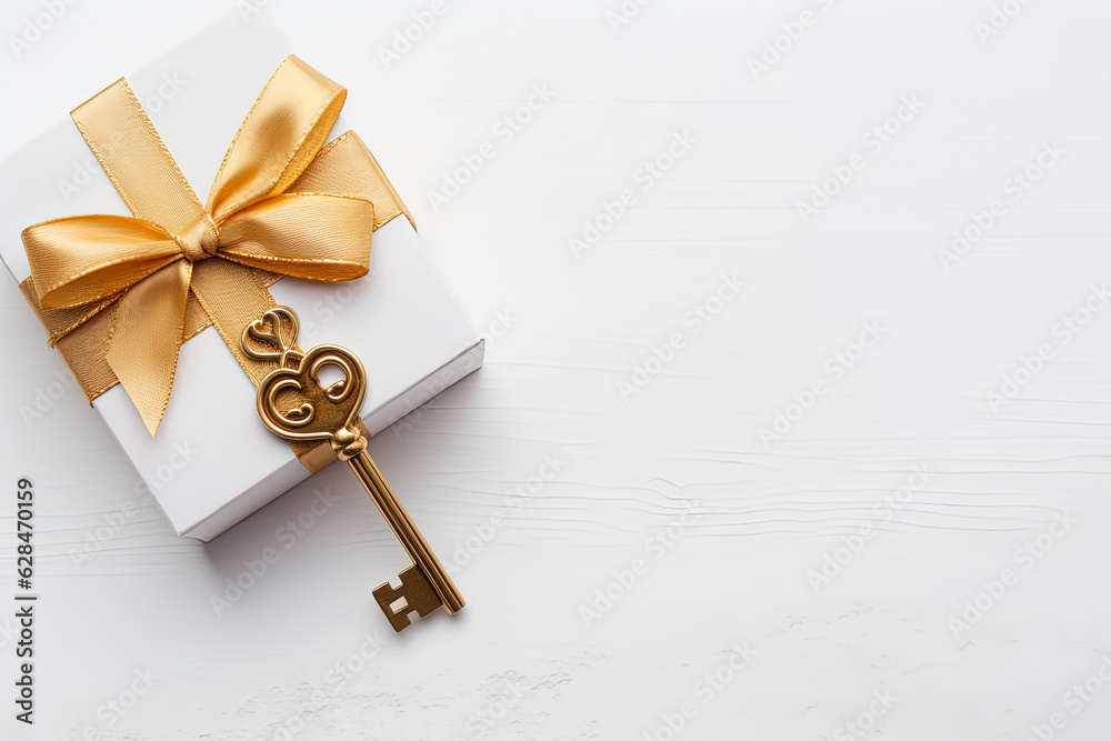 Key and gift box with yellow ribbon on white background. Copy space ...