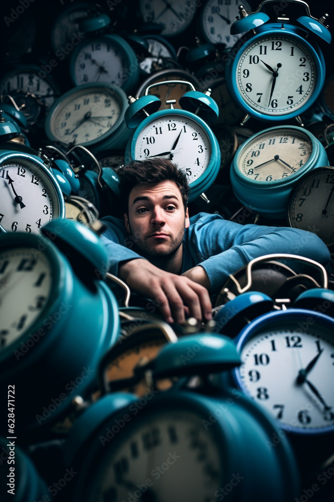 Person humorously buried under a heap of alarm clocks, showcasing the ...