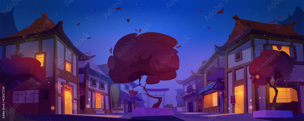 Night Asian town street with buildings and sakura trees along road ...