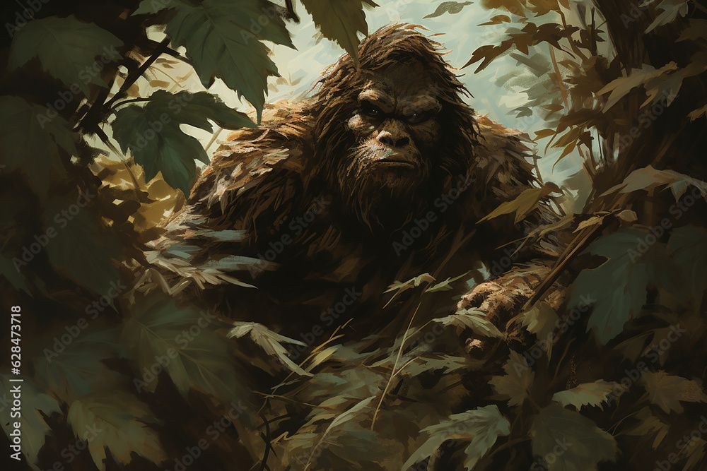 A Bigfoot creature hiding behind leaves peaking out. Sasquatch hidden ...