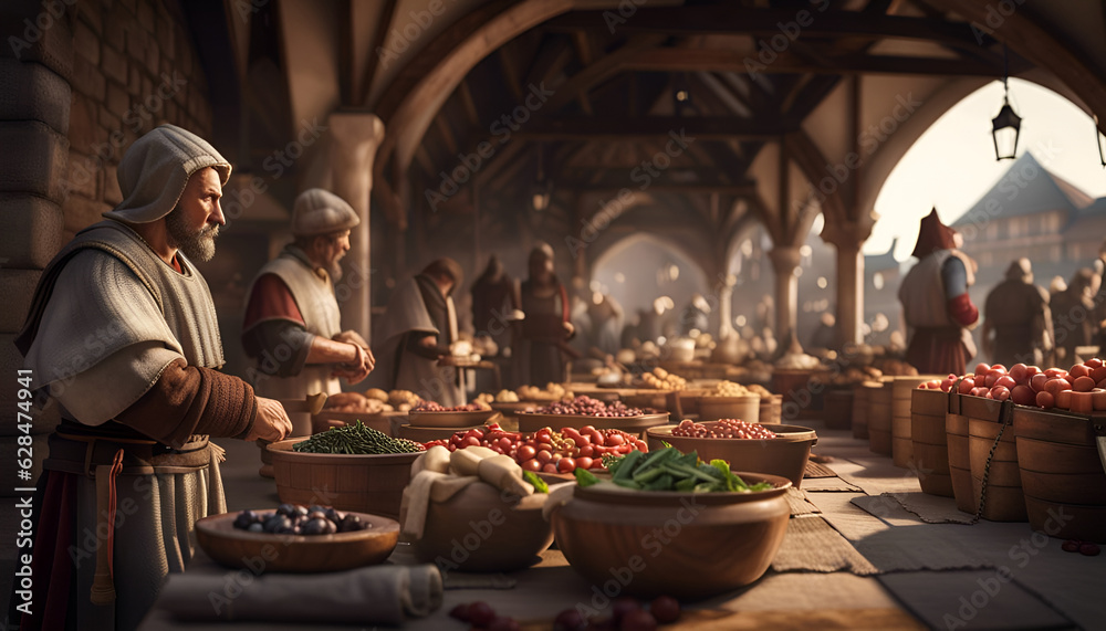 At a medieval market, men in historical garbs offering vegetables ...