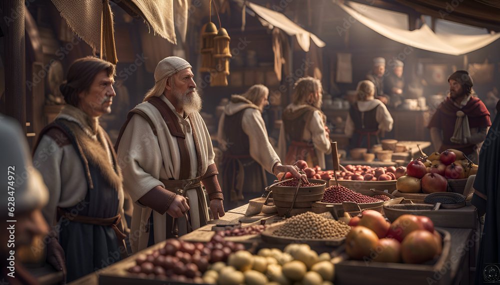 At a medieval market, men in historical garbs offering vegetables ...