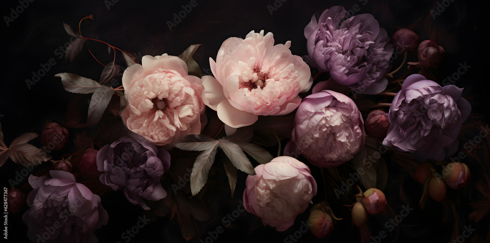 Peonies roses are dark purple, in the style of textural elements and ...