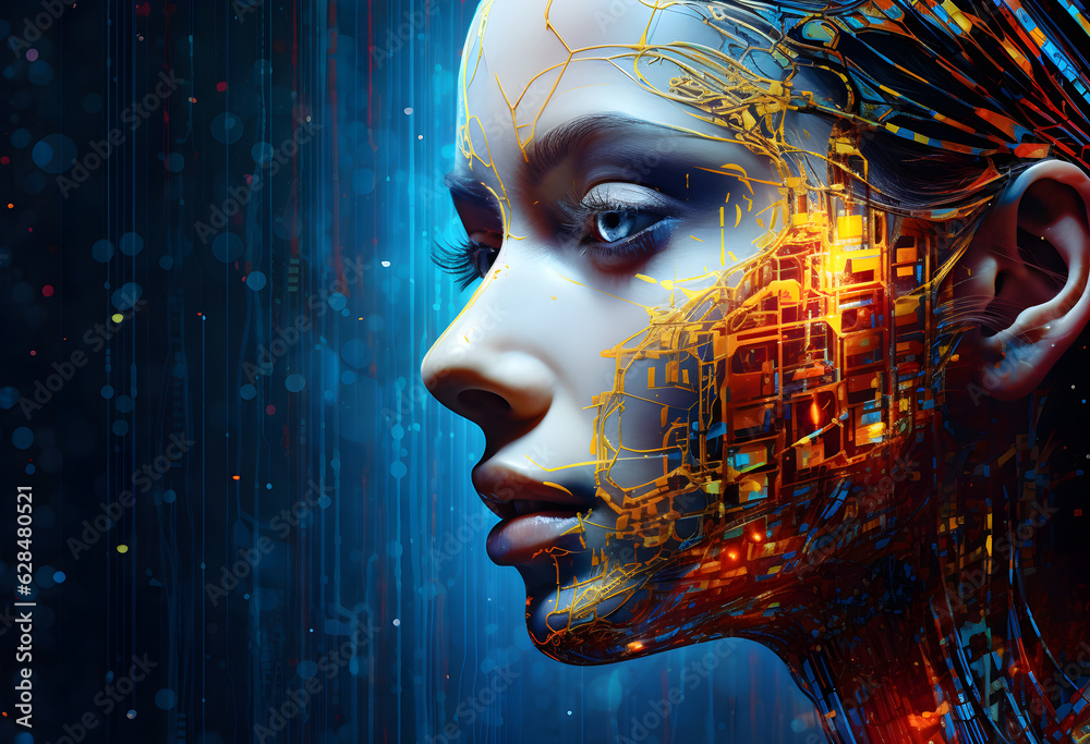 Futuristic image with a human woman's head, in the style of robotic ...