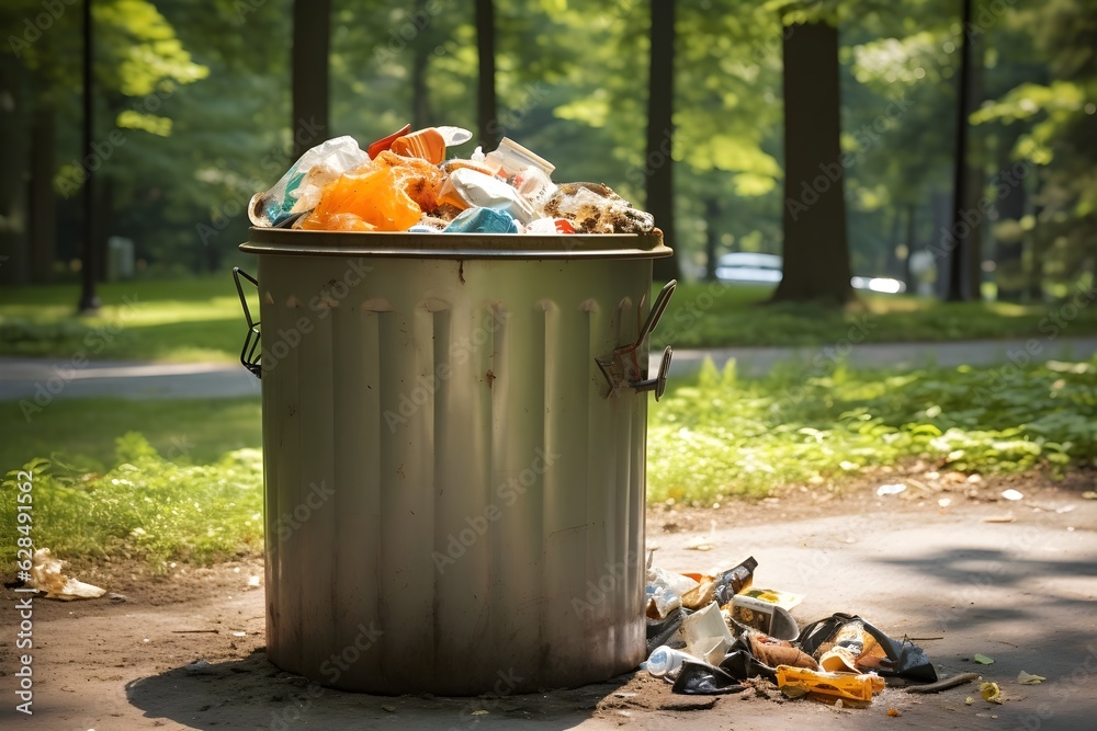 Overflowing garbage can in a public park, indicating the issue of ... Overflowing garbage can in a public park, indicating the issue of ...
