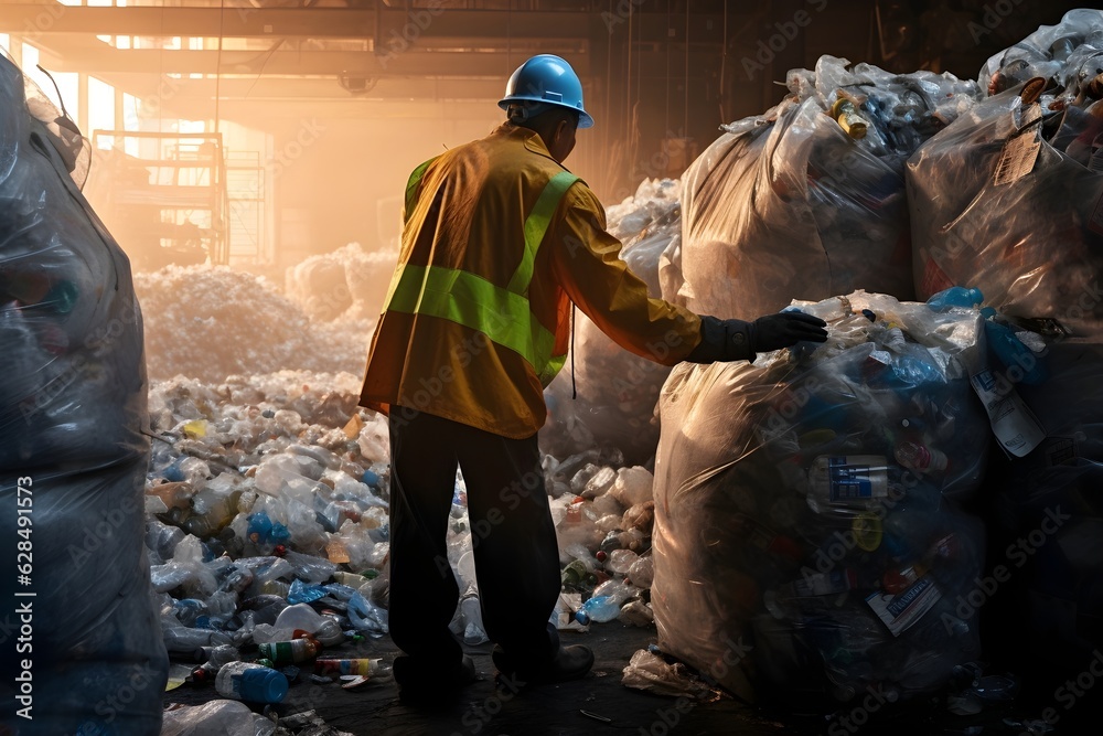 Man sorting through recyclable materials at a recycling center ...