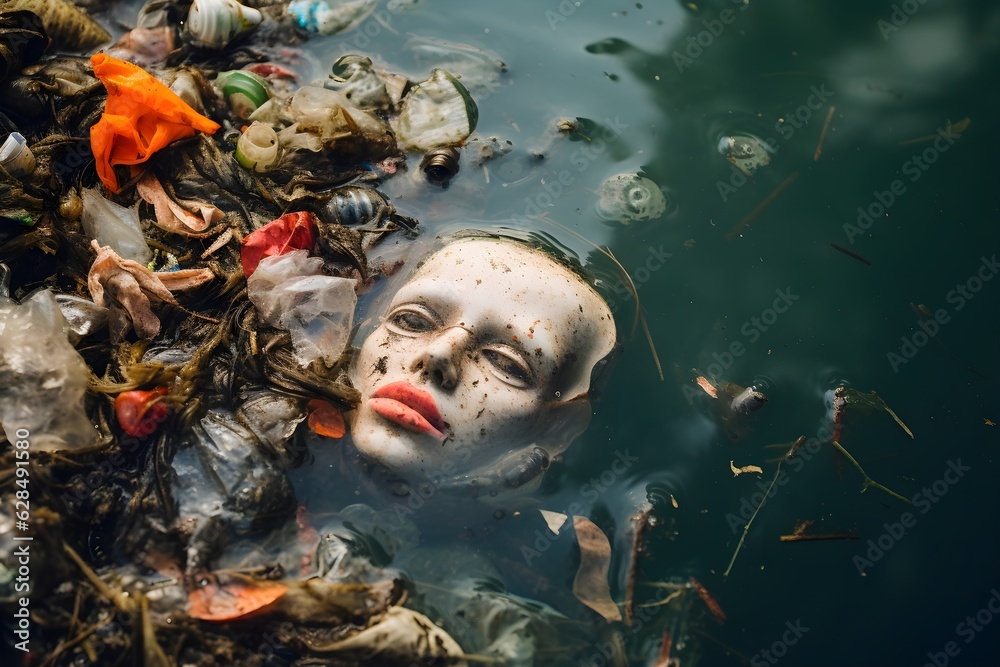 Shocking sight of plastic waste floating in a river, emphasizing the ...