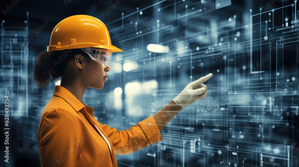 female data scientist expertly using a complex minority report style ...