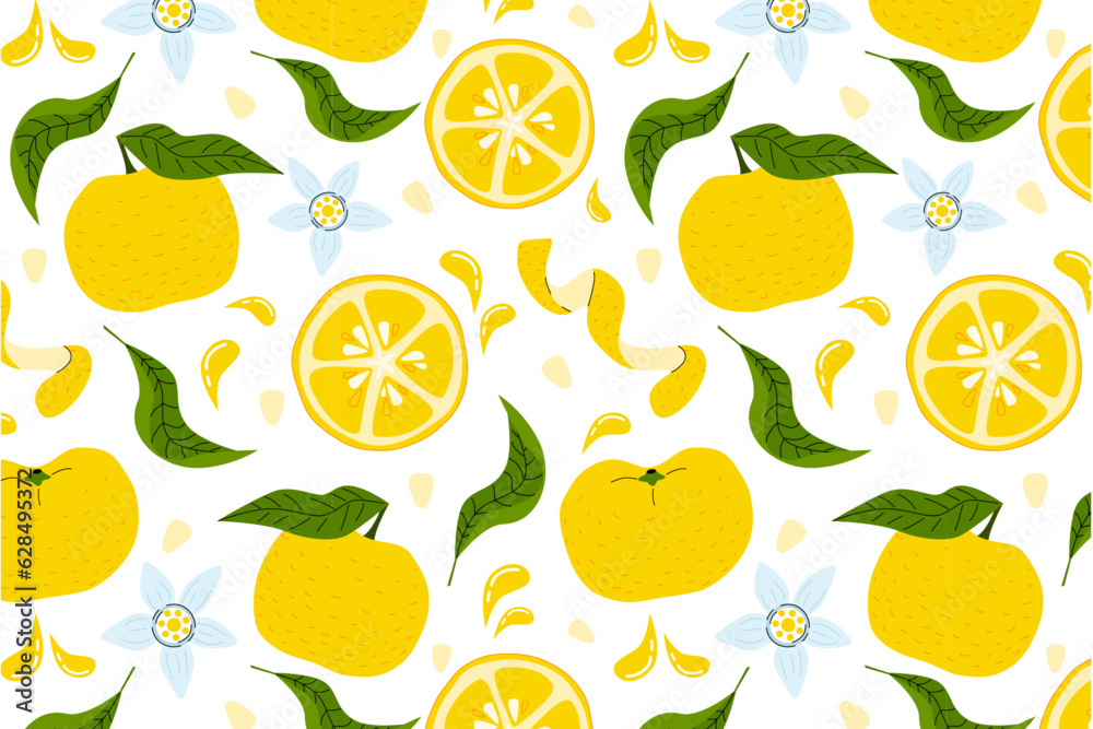 Yuzu fruits, leaves, flowers, seeds and yuzu peel seamless pattern o ...
