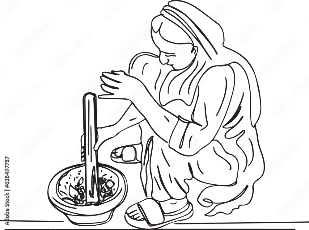 Cartoon Illustration: Indian Village Woman Cooking Chutney, Kundi Sota ...