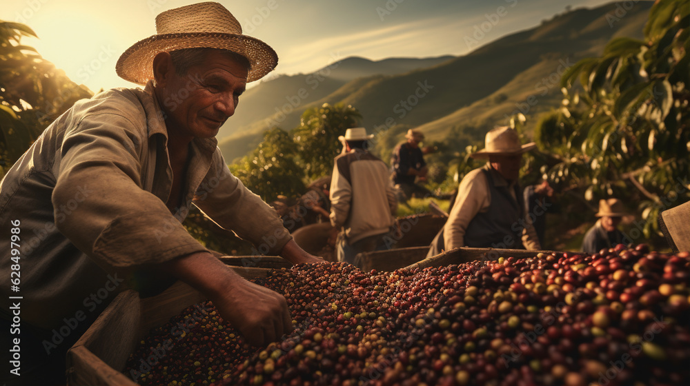 Coffee Farmer Gathering: Description: This wide-angle shot captures ...