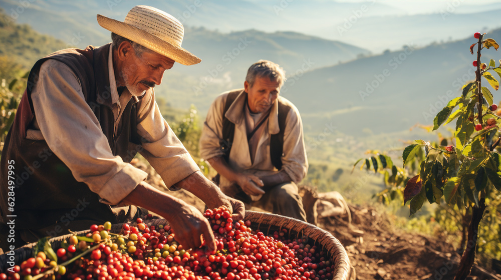 Coffee Farmer Gathering: Description: This wide-angle shot captures ...