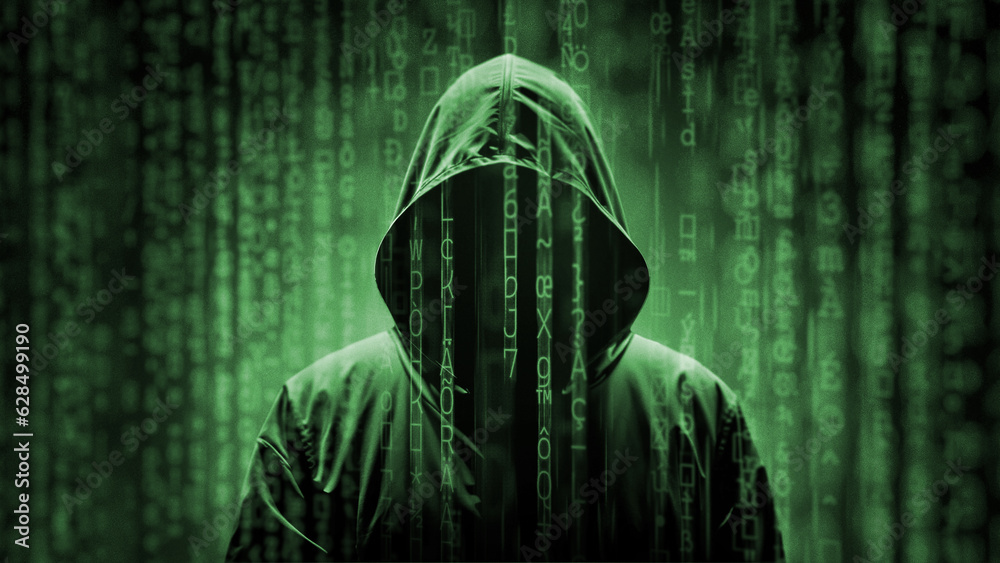 Fotka „Hacker under a matrix digital rain, mysterious hooded man silhouette under a green binary ...