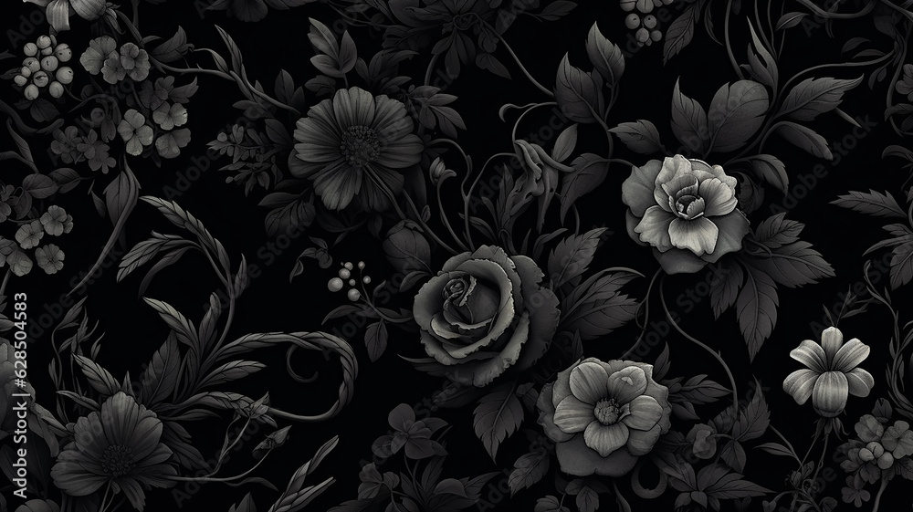 black flowers ornament on dark background gothic style Stock ...