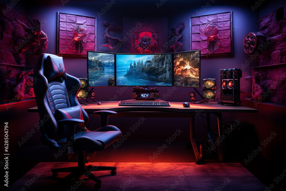 Gaming setup with a wide curved monitor and immersive graphics, gamer ...
