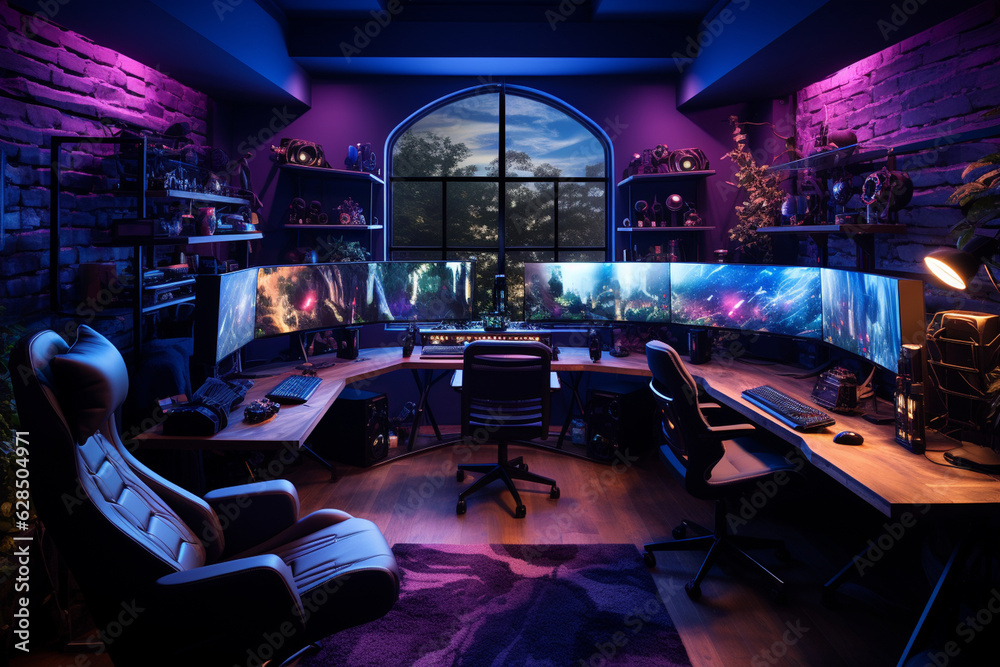 Gamer's room setup with multiple screens for multitasking, gamer ...