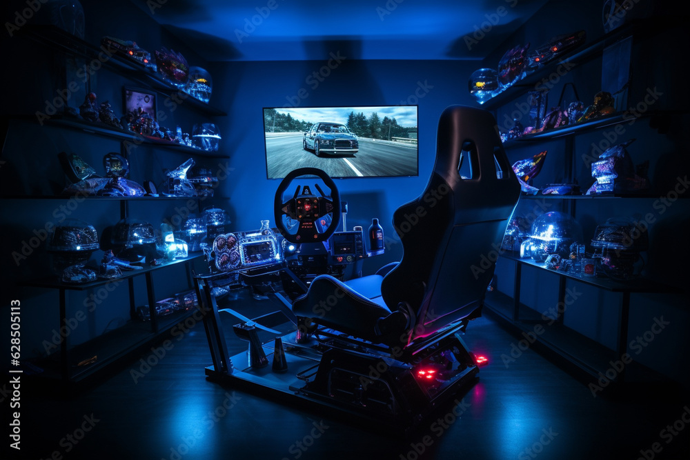 Gamer's setup with a racing wheel and pedals for driving games, gamer ...