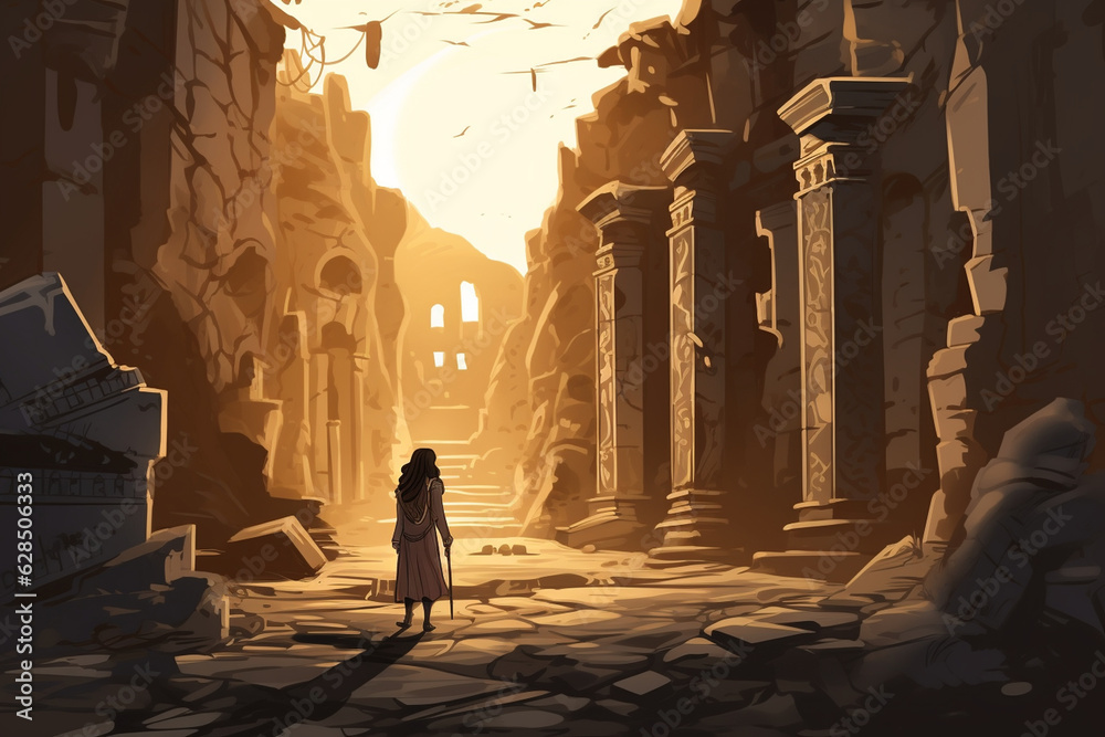 An animated mature woman exploring an ancient ruin, appreciating the ...