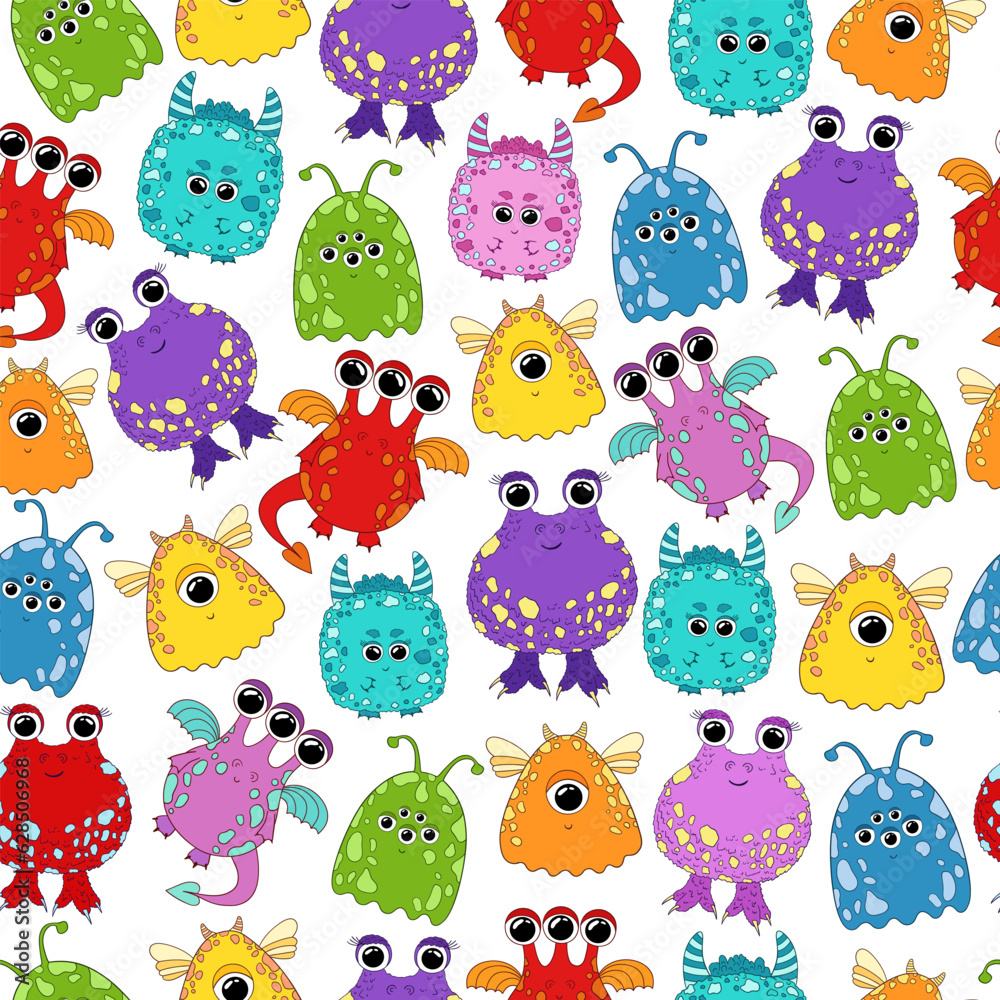 Monsters pattern. Funny cartoon monsters set. Halloween character ...