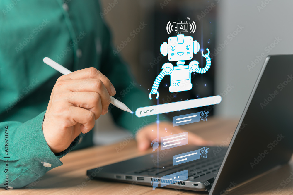 Chat with Ai. Adult man chatting with a smart AI or artificial ...