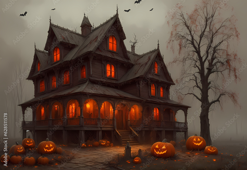 haunted house / spook house / ghost house / halloween house with red ...