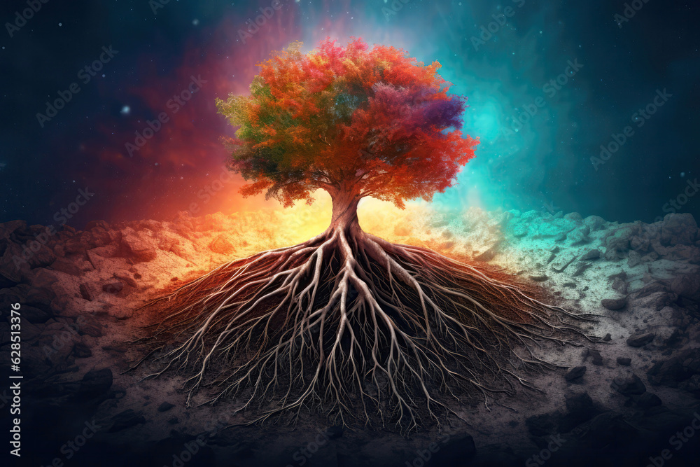 Digital Artwork Of The Earth With Colorful Tree Roots Spreading Across ...