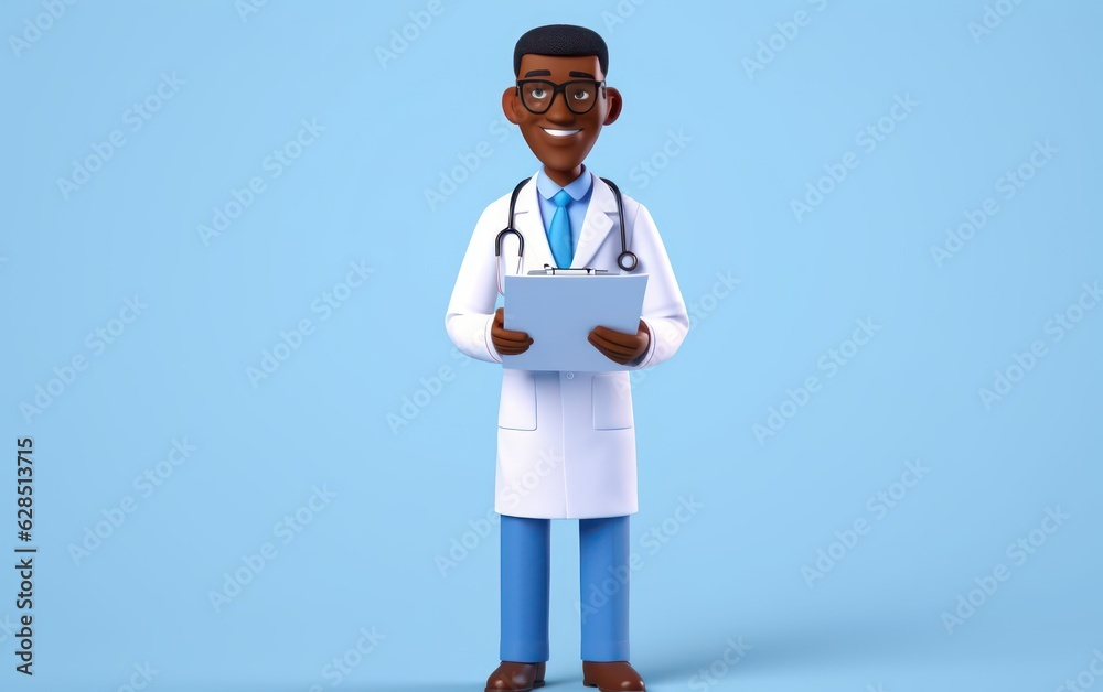 3d render, full body african cartoon character, dark skin doctor wears ...