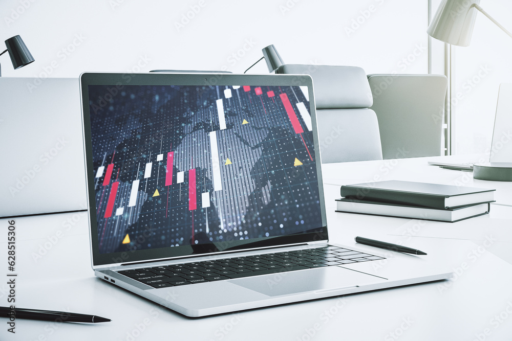 Modern computer display with abstract financial graph with world map ...