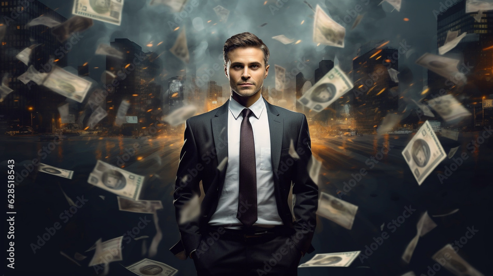 business man with money falling from all side and man in in between in ...