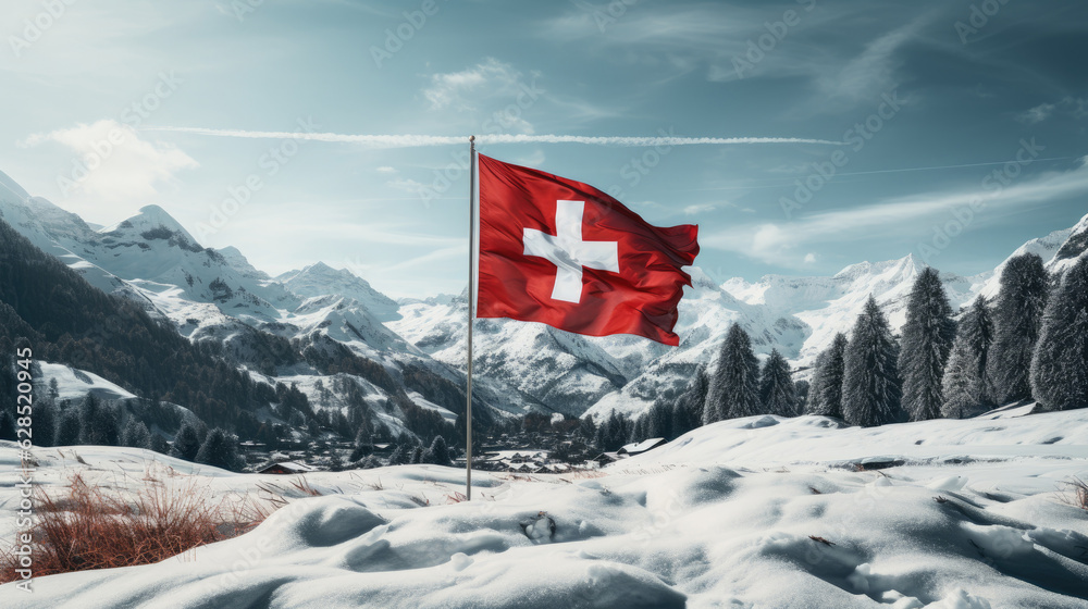 white cross on red swiss flag in the snowy mountains Stock Illustration ...