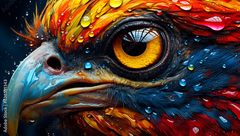 Colorful bird with a large eye, in the style of photorealistic ...