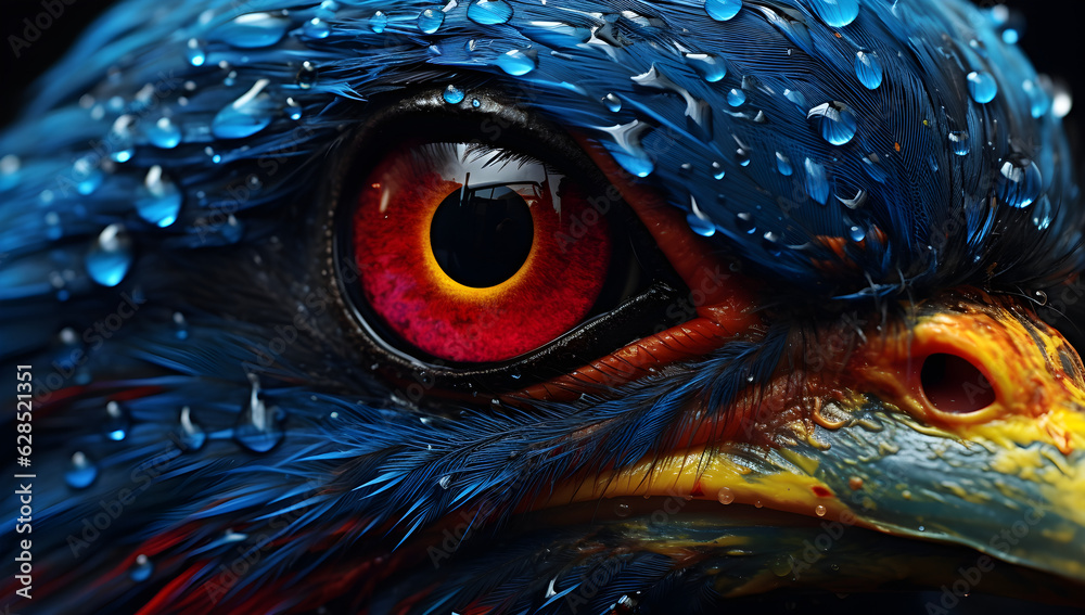 Colorful bird with a large eye, in the style of photorealistic ...