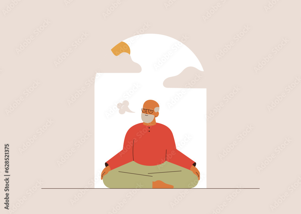 Senior man meditating near the window for saving mental health. Older ...