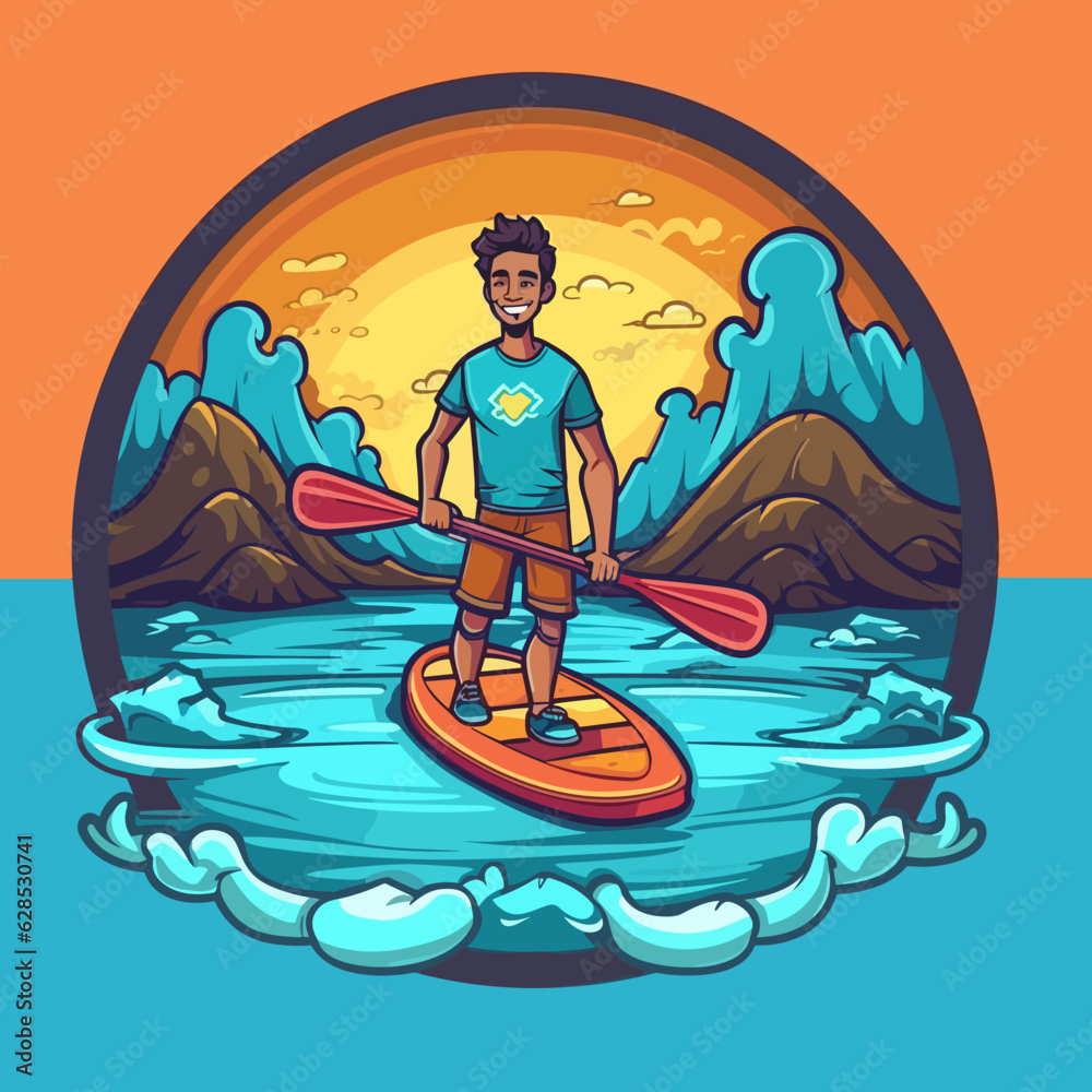 Man stand up paddle boarding on quiet sea, sunset. Cartoon vector ...
