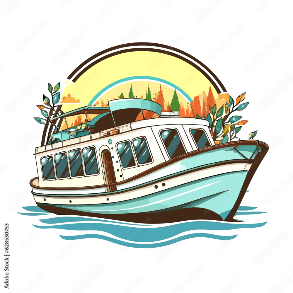 Typical touring boat. Leisure and holidays on the water. Cartoon vector ...