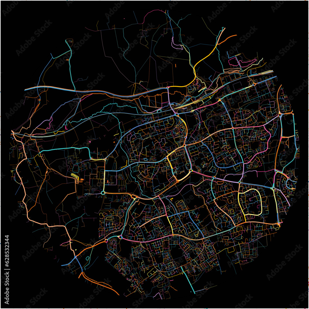Colorful Map of Harlow, East of England with all major and minor roads ...