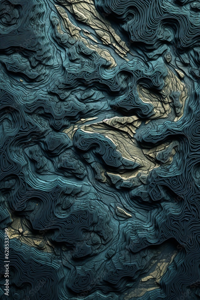 Topography map of many winding rivers like ribbons thrown across the ...