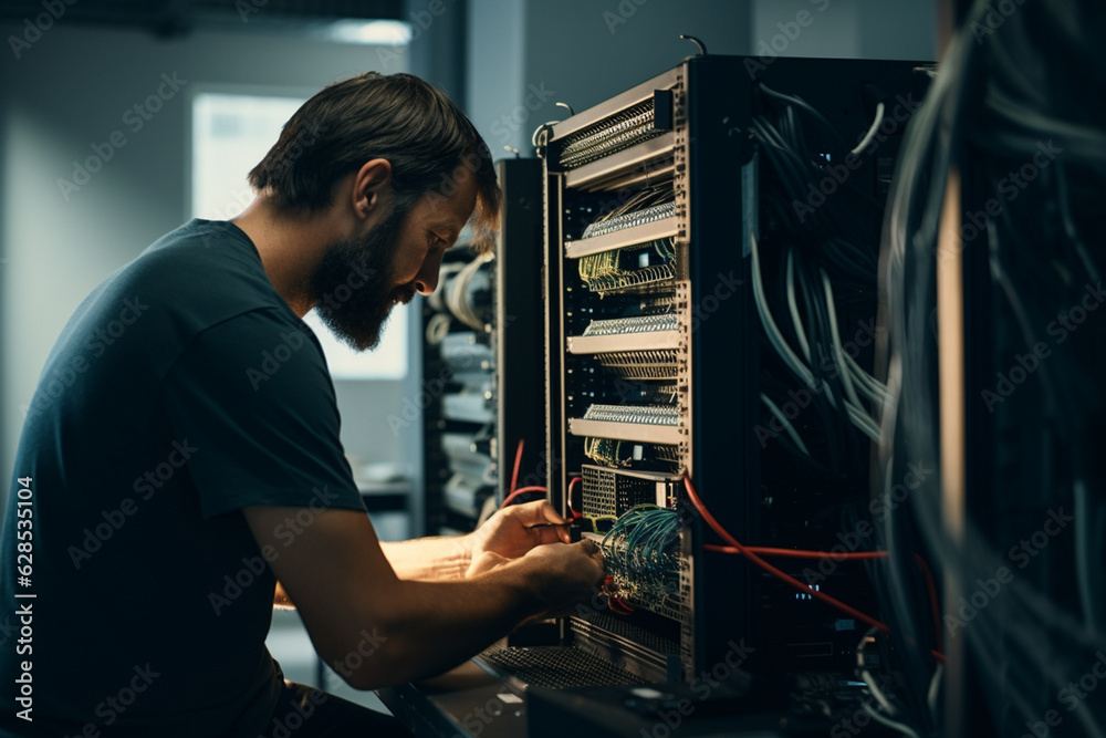 An IT specialist setting up a new computer system, ensuring all ...