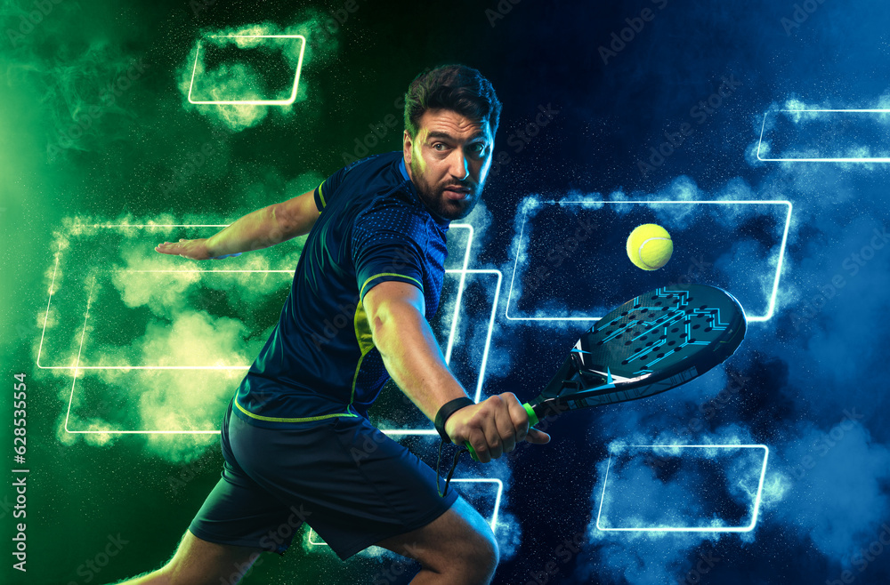 Padel Tennis Player with Racket in Hand. Paddle tenis, on a blue neon ...