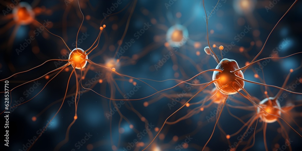 Neuron cells in a dark, in the style of dark orange and light gold ...