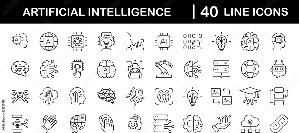 Artificial intelligence set of web icons in line style. AI technology ...