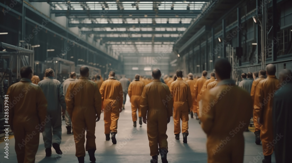 a crowd of people male engineer workers back view go to the factory ...