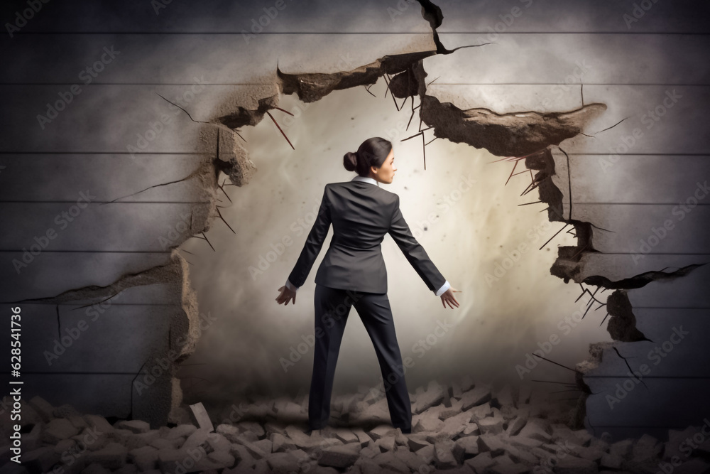 An image of a businesswoman's full body in front of a brick wall with a ...