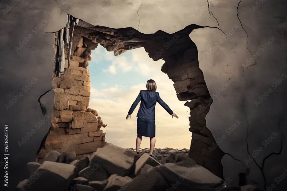 An image of a businesswoman's full body in front of a brick wall with a ...