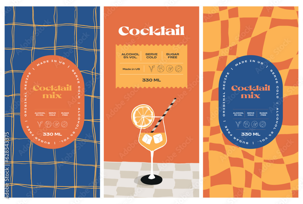 Vector hand drawn cocktail packaging label design template set for cafe ...