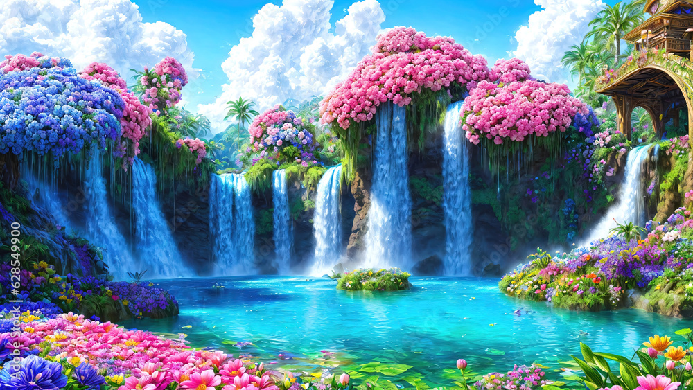 Paradise landscape with beautiful gardens, waterfalls and flowers ...