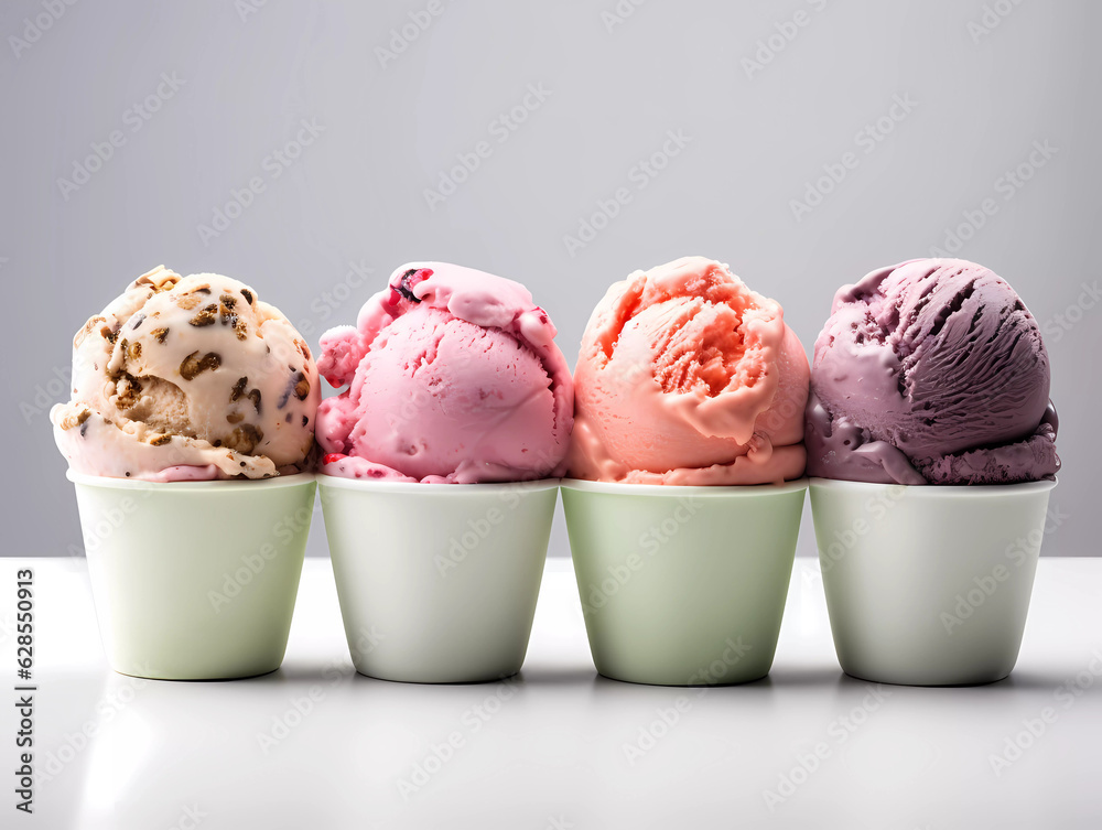 Ice cream cone desserts in a row. Ice cream scoops in a bowl. Colorful ...