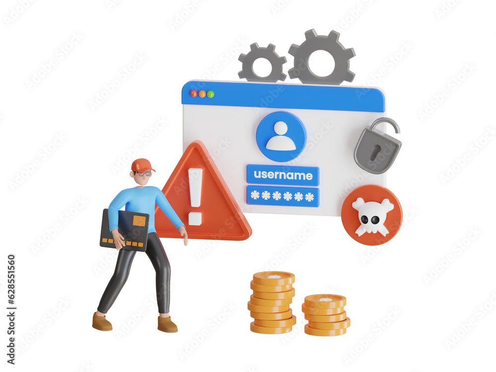 3D Illustration of Cyber Attack Alert. Stealing Personal Information ...