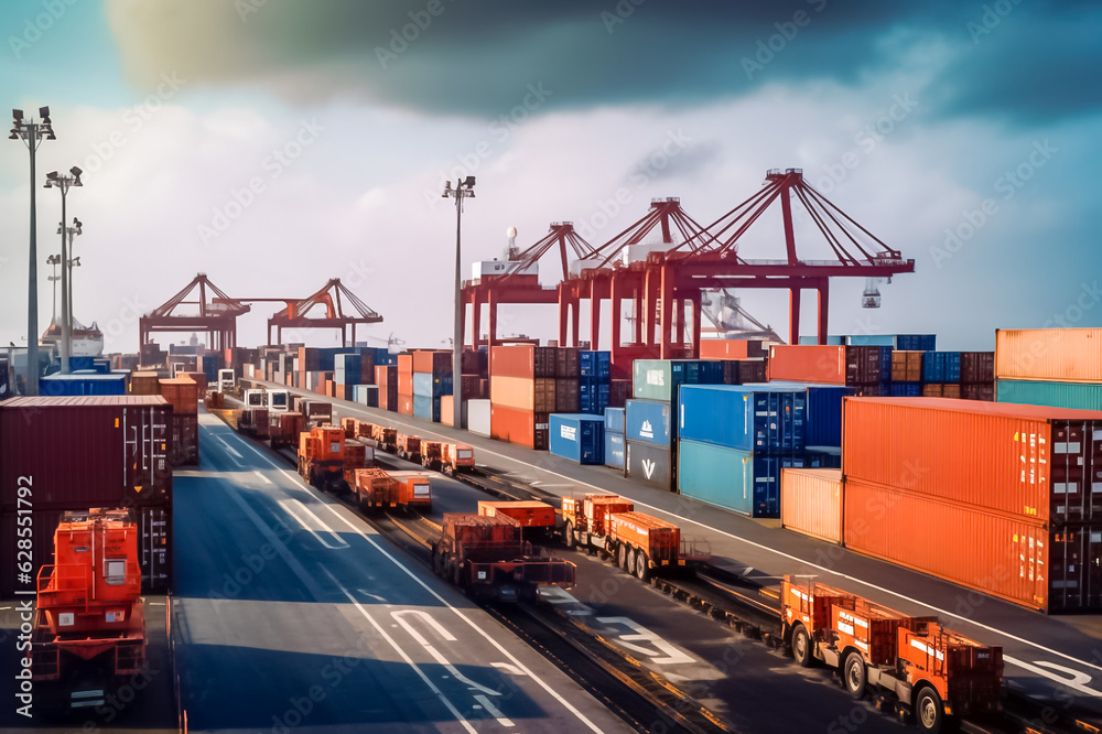 Container yard and pier with rows of containers and cranes near a large ...