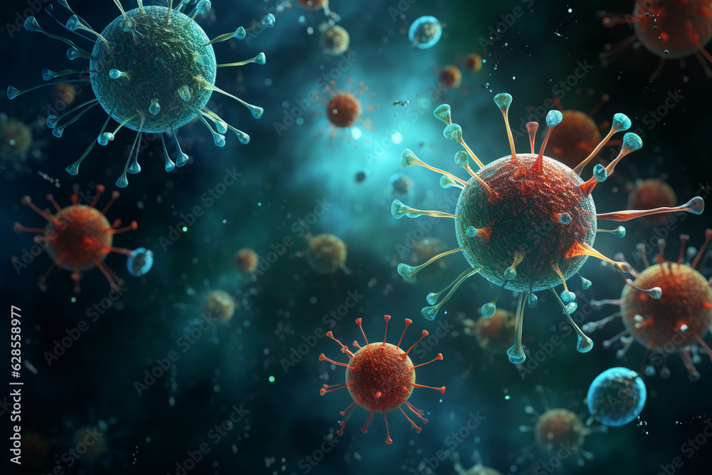 An artistic bio-virus illustration, depicting the viral particles ...